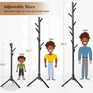 NicQliear Wooden Freestanding Coat Rack with 9 Hooks, Adjustable Coat Rack Stand 69.3" to Hang Clothes/Bags/Hats, Standing Coat Tree Perfect for Bedroom/Entryway/Hallway, Easy Assembly, Black