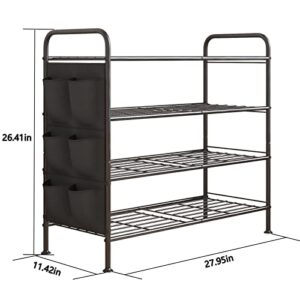 SORCEDAS Shoe Rack 4 Tier Black Wide Metal Storage Organizer Shelf with Removable Side Pockets for Closet, Entryway,Garage, Bedroom, Cloakroom (Black, 4 Tier)