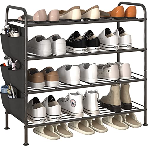 SORCEDAS Shoe Rack 4 Tier Black Wide Metal Storage Organizer Shelf with Removable Side Pockets for Closet, Entryway,Garage, Bedroom, Cloakroom (Black, 4 Tier)