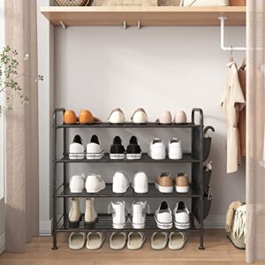 SORCEDAS Shoe Rack 4 Tier Black Wide Metal Storage Organizer Shelf with Removable Side Pockets for Closet, Entryway,Garage, Bedroom, Cloakroom (Black, 4 Tier)