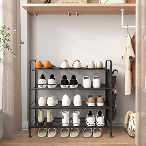 SORCEDAS Shoe Rack 4 Tier Black Wide Metal Storage Organizer Shelf with Removable Side Pockets for Closet, Entryway,Garage, Bedroom, Cloakroom (Black, 4 Tier)