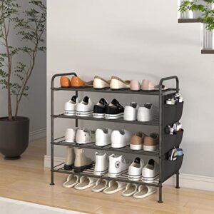 SORCEDAS Shoe Rack 4 Tier Black Wide Metal Storage Organizer Shelf with Removable Side Pockets for Closet, Entryway,Garage, Bedroom, Cloakroom (Black, 4 Tier)