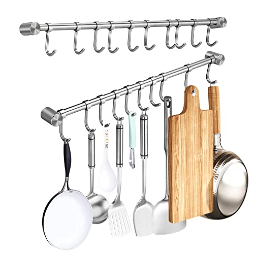 WSTECHCO 2 pcs 22 Inch Hanger Rods Hanging Bars With 10 Hooks, for Kitchen Utensils Pots and Pans, Towel Hanging Rails, Staineless Steel 304, For Hang Up Coat Bag Umbrella Hat Keys Scarf