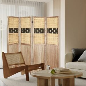 Babion 4 Panel Room Divider, Grass Willow Hand-Woven Screen, Room Dividers and Folding Privacy Screens, Modern Wall Dividers Room Bedroom Decoration, Dividers for Home Office -Brown and Black