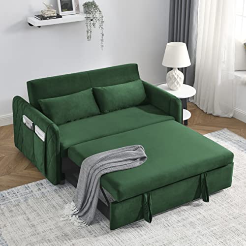 HomSof 2 Pillows and Living Room Adjustable Backrest, Grid Design Armrests 55" Modern Convertible 2 Detachable Arm Pockets, Velvet Loveseat Sofa with Pull Out Bed, Style B, Green