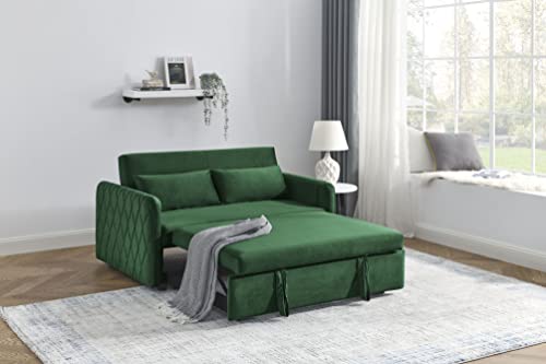 HomSof 2 Pillows and Living Room Adjustable Backrest, Grid Design Armrests 55" Modern Convertible 2 Detachable Arm Pockets, Velvet Loveseat Sofa with Pull Out Bed, Style B, Green