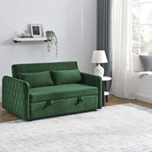 HomSof 2 Pillows and Living Room Adjustable Backrest, Grid Design Armrests 55" Modern Convertible 2 Detachable Arm Pockets, Velvet Loveseat Sofa with Pull Out Bed, Style B, Green