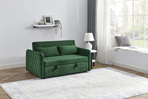 HomSof 2 Pillows and Living Room Adjustable Backrest, Grid Design Armrests 55" Modern Convertible 2 Detachable Arm Pockets, Velvet Loveseat Sofa with Pull Out Bed, Style B, Green