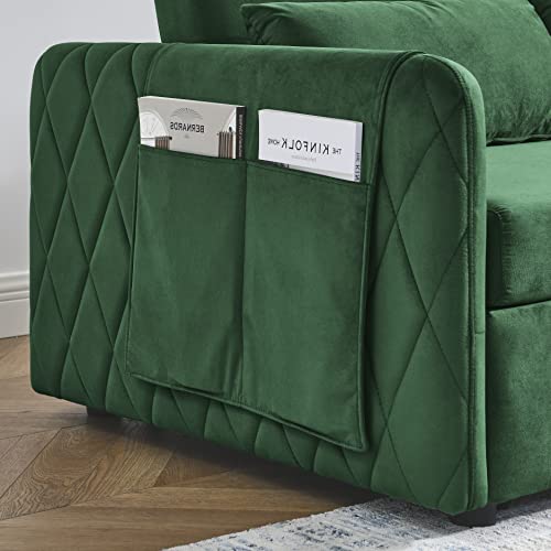 HomSof 2 Pillows and Living Room Adjustable Backrest, Grid Design Armrests 55" Modern Convertible 2 Detachable Arm Pockets, Velvet Loveseat Sofa with Pull Out Bed, Style B, Green