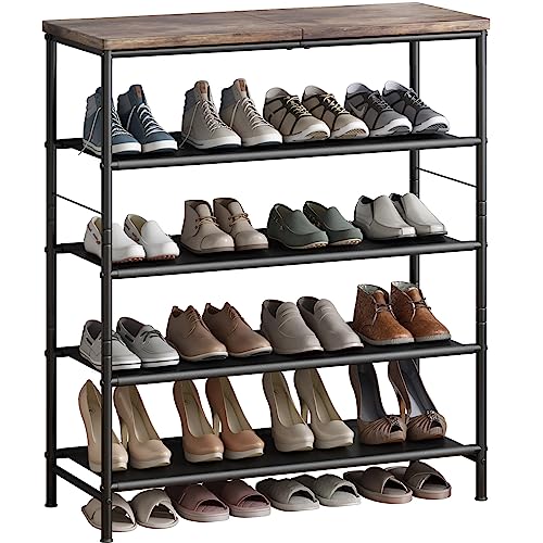 INGIORDAR Shoe Rack Organizer 5 Tier Metal Organizer Shelf with Industrial MDF Board and Layer Fabric for Entryway Closet Bedroom Living Room Garage,Black & Rustic Brown