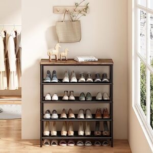 INGIORDAR Shoe Rack Organizer 5 Tier Metal Organizer Shelf with Industrial MDF Board and Layer Fabric for Entryway Closet Bedroom Living Room Garage,Black & Rustic Brown