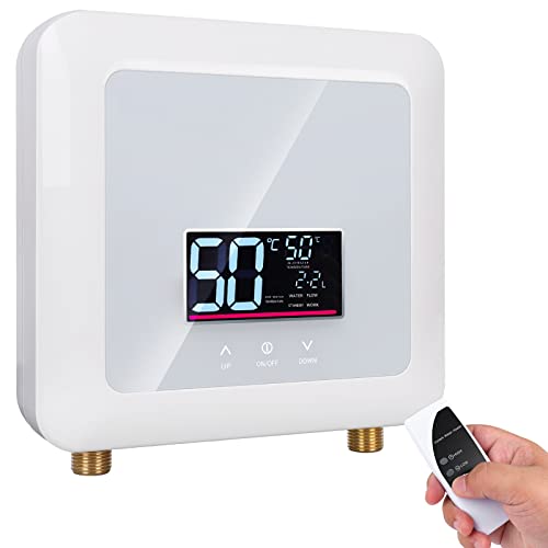 Tankless Instant Hot Water Heater with Remote Control, Electric, 5500W, 110V,Constant Temperature, Digital Display for RV Home Kitchen Indoor(White)（Can't Use Socket）