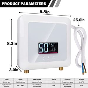 Tankless Instant Hot Water Heater with Remote Control, Electric, 5500W, 110V,Constant Temperature, Digital Display for RV Home Kitchen Indoor(White)（Can't Use Socket）