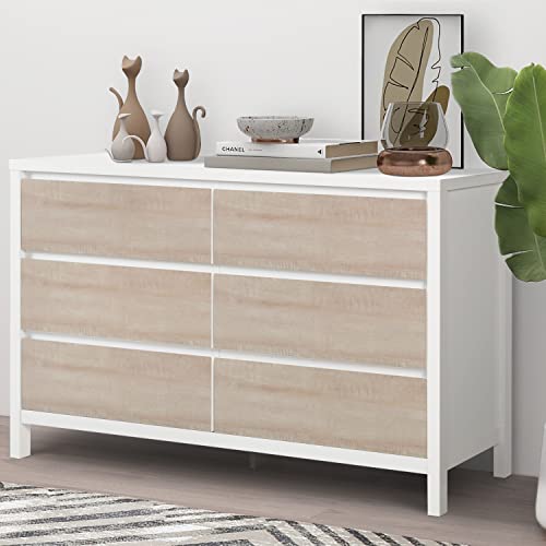 LTMEUTY Dresser for Bedroom - Modern Bedroom Dresser with 6 Drawers, Wooden Horizontal Dresser, Chest of Dresser