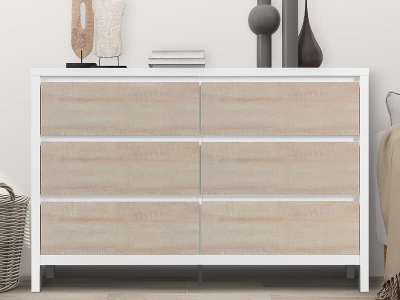 LTMEUTY Dresser for Bedroom - Modern Bedroom Dresser with 6 Drawers, Wooden Horizontal Dresser, Chest of Dresser