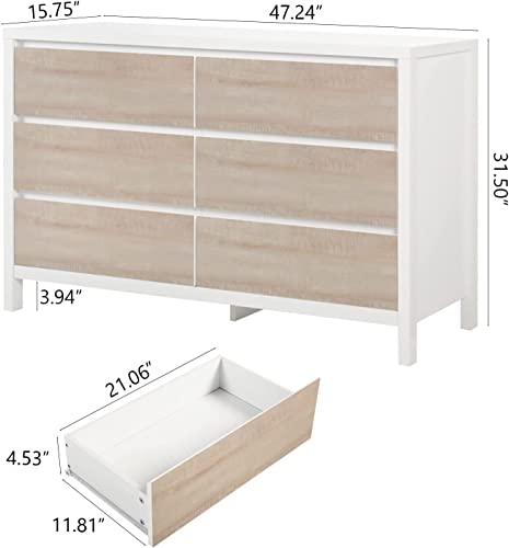 LTMEUTY Dresser for Bedroom - Modern Bedroom Dresser with 6 Drawers, Wooden Horizontal Dresser, Chest of Dresser