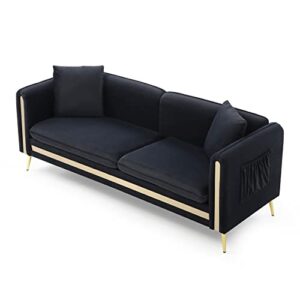 HomSof 77.2” Modern Upholstered Velvet Sofa Couch with Removable Cushions Side Pocket Gold Metal Legs, 2 Pillows Included, Black(3-Seater)