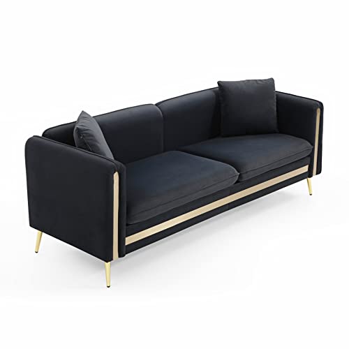 HomSof 77.2” Modern Upholstered Velvet Sofa Couch with Removable Cushions Side Pocket Gold Metal Legs, 2 Pillows Included, Black(3-Seater)