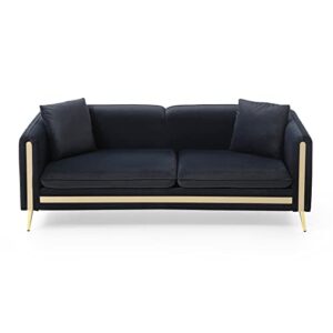 HomSof 77.2” Modern Upholstered Velvet Sofa Couch with Removable Cushions Side Pocket Gold Metal Legs, 2 Pillows Included, Black(3-Seater)