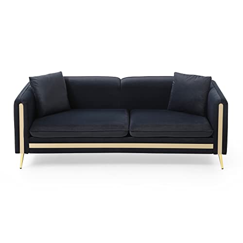 HomSof 77.2” Modern Upholstered Velvet Sofa Couch with Removable Cushions Side Pocket Gold Metal Legs, 2 Pillows Included, Black(3-Seater)