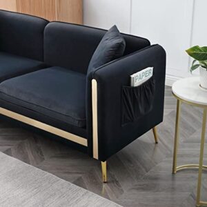 HomSof 77.2” Modern Upholstered Velvet Sofa Couch with Removable Cushions Side Pocket Gold Metal Legs, 2 Pillows Included, Black(3-Seater)