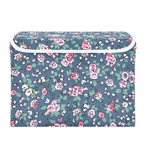 Cute Trendy Floral Flower Foldable Storage Bins with Lids Decorative Storage Box Container for Home Bedroom Office