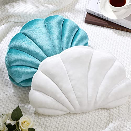 2 Pcs Seashell Pillow Soft Shell Pillow Seashell Shaped Accent Throw Pillows Cute Decorative Pillow Cushion for Couch Bed Sofa Living Room Bedroom Room Decor, White, Light Blue, 15.8 x 9.8 Inch