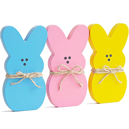 Easter Decorations 3Pcs Bunny Table Wooden Signs with Jute Rope Pink Blue Yellow Adorable Easter Bunny Decor for Girls Easter Gifts Easter party decorations for Home Spring Office