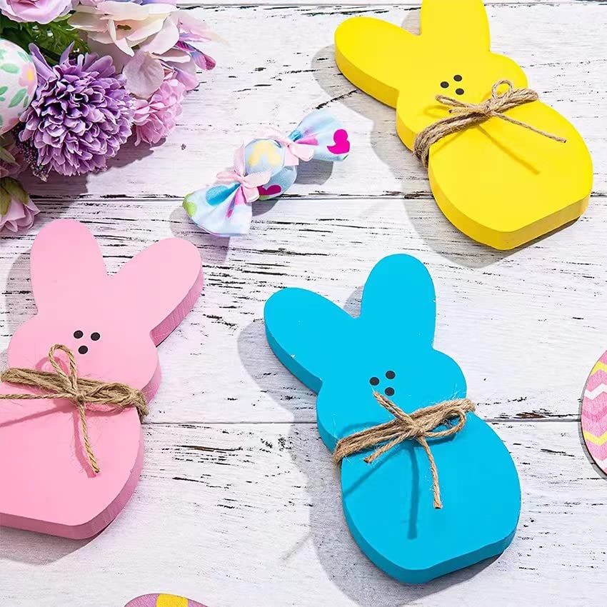 Easter Decorations 3Pcs Bunny Table Wooden Signs with Jute Rope Pink Blue Yellow Adorable Easter Bunny Decor for Girls Easter Gifts Easter party decorations for Home Spring Office