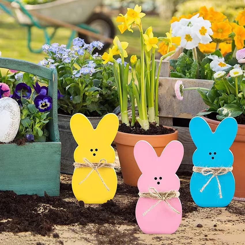 Easter Decorations 3Pcs Bunny Table Wooden Signs with Jute Rope Pink Blue Yellow Adorable Easter Bunny Decor for Girls Easter Gifts Easter party decorations for Home Spring Office