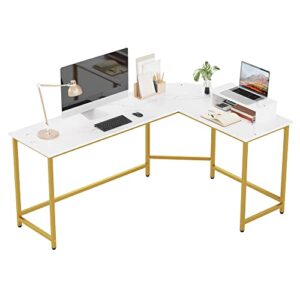 weehom l shaped computer desk with monitor stand, reversible corner desk for home office, modern pc workstation study writing table(white and gold)