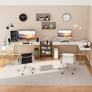 Weehom L Shaped Computer Desk with Monitor Stand, Reversible Corner Desk for Home Office, Modern PC Workstation Study Writing Table(White and Gold)