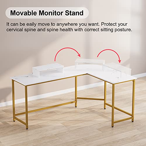 Weehom L Shaped Computer Desk with Monitor Stand, Reversible Corner Desk for Home Office, Modern PC Workstation Study Writing Table(White and Gold)