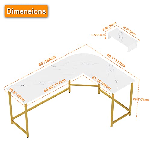 Weehom L Shaped Computer Desk with Monitor Stand, Reversible Corner Desk for Home Office, Modern PC Workstation Study Writing Table(White and Gold)