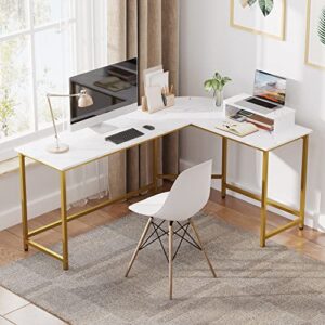 Weehom L Shaped Computer Desk with Monitor Stand, Reversible Corner Desk for Home Office, Modern PC Workstation Study Writing Table(White and Gold)