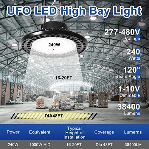 480V 240W UFO LED High Bay Light,38400LM(160lm/w) 5000K Commercial Bay Lighting(1000W MH/HPS Equiv),1-10V Dimmable LED Warehouse Workshop Light with 5' Cable,277-480V AC IP65 DLC & ETL Certified