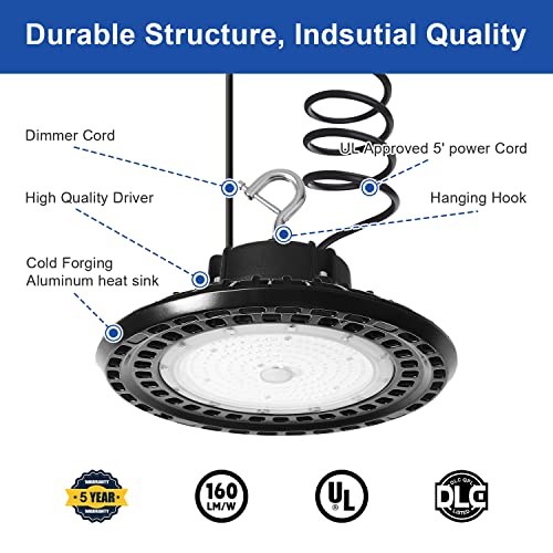 480V 240W UFO LED High Bay Light,38400LM(160lm/w) 5000K Commercial Bay Lighting(1000W MH/HPS Equiv),1-10V Dimmable LED Warehouse Workshop Light with 5' Cable,277-480V AC IP65 DLC & ETL Certified