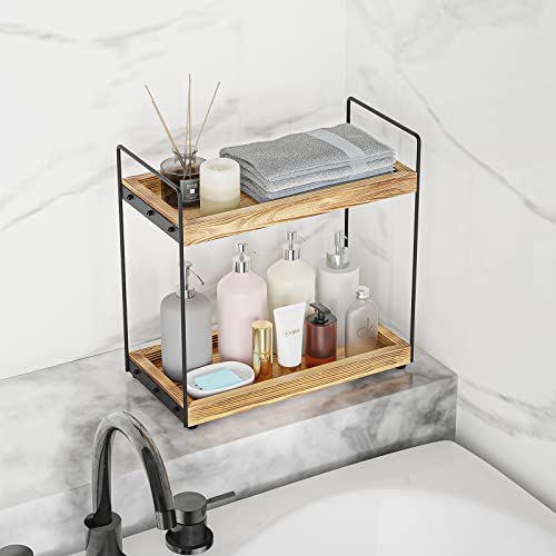 Sekepingo 2-Tier Solid Wood Bathroom Sink Counter Organizer Makeup Storage Shelf Vanity Bedroom Tray Kitchen Spice Rack Coffee Station Organization