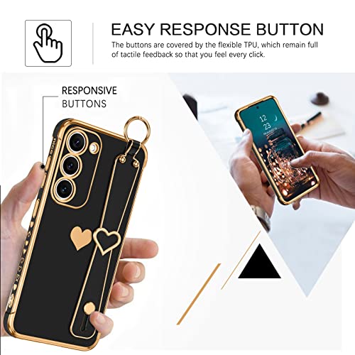 BENTOBEN Galaxy S23 Case, Phone Case Samsung S23 6.1", Slim Thin Shockproof Kickstand Holder Protective Soft TPU Bumper Drop Protection Cute Heart Girls Women Boys Men Samsung S23 Cover, Black/Gold