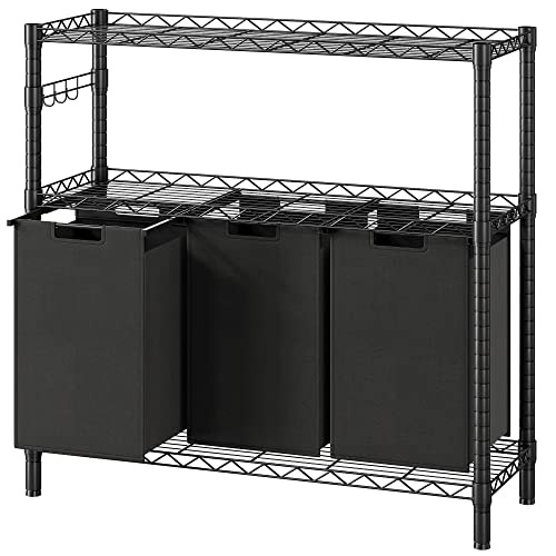 Laundry Sorters with 3 X 45L Laundry Bags & 2 Tier Adjustable Storage Shelf, Pull-Out and Removable Oxford Fabric Laundry Baskets, Black