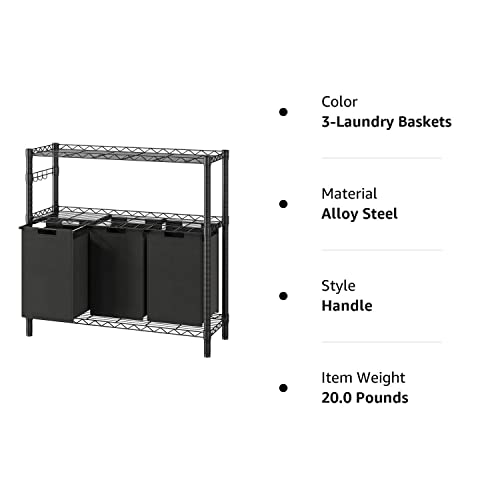 Laundry Sorters with 3 X 45L Laundry Bags & 2 Tier Adjustable Storage Shelf, Pull-Out and Removable Oxford Fabric Laundry Baskets, Black