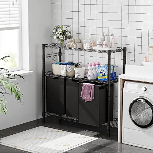 Laundry Sorters with 3 X 45L Laundry Bags & 2 Tier Adjustable Storage Shelf, Pull-Out and Removable Oxford Fabric Laundry Baskets, Black