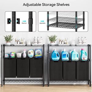 Laundry Sorters with 3 X 45L Laundry Bags & 2 Tier Adjustable Storage Shelf, Pull-Out and Removable Oxford Fabric Laundry Baskets, Black