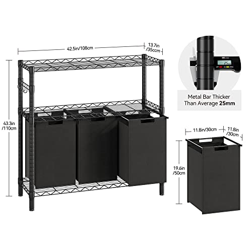 Laundry Sorters with 3 X 45L Laundry Bags & 2 Tier Adjustable Storage Shelf, Pull-Out and Removable Oxford Fabric Laundry Baskets, Black