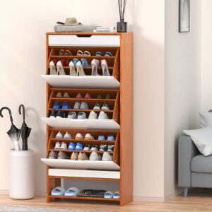 NewCosmos Shoe Cabinet with 3 Flip Drawers Wooden Shoe Cabinet Organizer with Adjustable Shelves Freestanding Shoe Rack Storage Cabinet for Entrance Hallway Living Room Bedroom