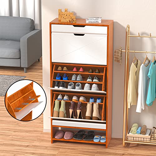 NewCosmos Shoe Cabinet with 3 Flip Drawers Wooden Shoe Cabinet Organizer with Adjustable Shelves Freestanding Shoe Rack Storage Cabinet for Entrance Hallway Living Room Bedroom