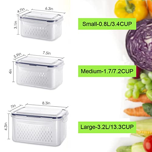 SunPlume 3 Pack Fruit Storage Containers for Refrigerator, Produce Saver Vegetable and Fruit Container with Drain Colanders, BPA-Free Refrigerator Organizer for Lettuce Berry Keepers