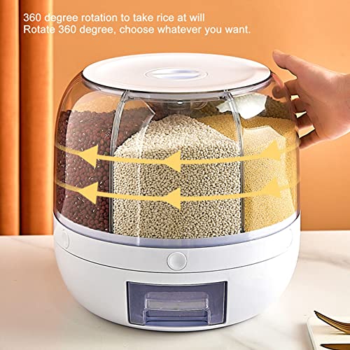 6 Grid Rice & Grain Storage Container, 360° Rotating Dry Food Dispenser Grain Food Storage Box Rice Bucket with Lid Moisture Resistant Household for Home Kitchen (5kg)