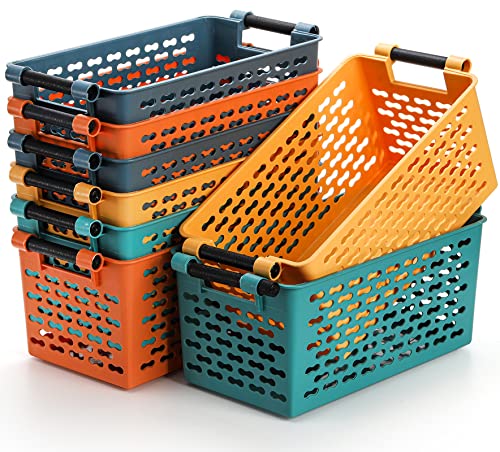 Yesland 8 Pack Plastic Storage Basket for Shelves, 12 x 6 x 5 Inches Basket Organizer Bin with Handles Sturdy Closet Baskets for Home Office Closet - Yellow, Orange, Blue, Green