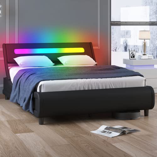 ZAFLY Modern Platform Full Bed Frame,Full Size Bed Frame with RGB LED Headboard,Wooden Slats Support/No Box Spring Needed/No Mattress,Black